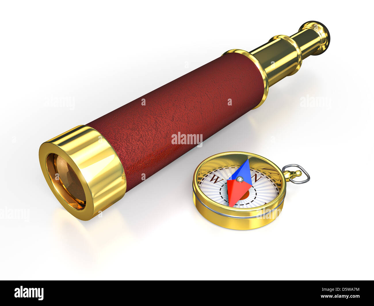 Spyglass and compass isolated on white background Stock Photo - Alamy