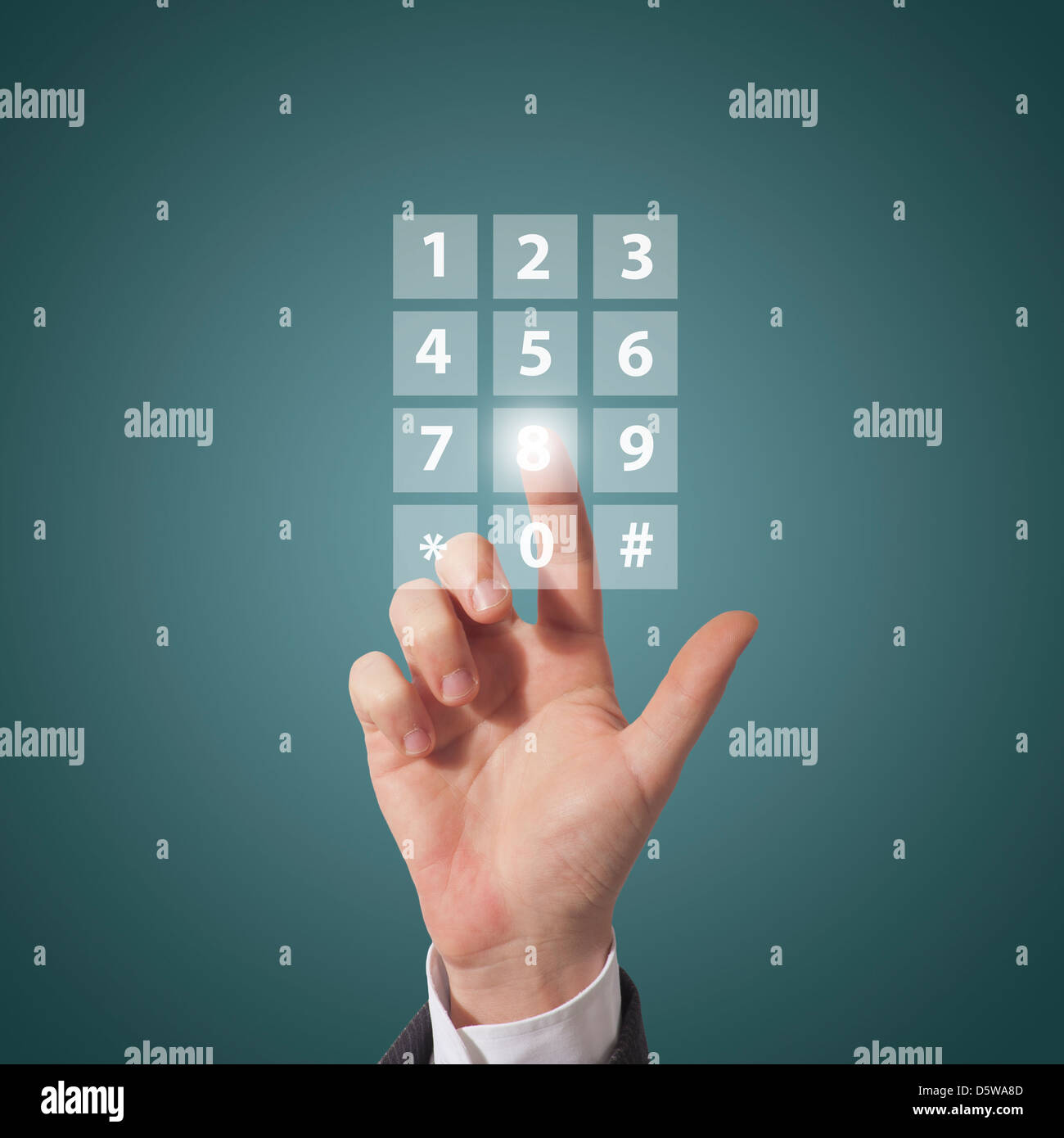 business man compose telephone number on screen, blue background Stock ...