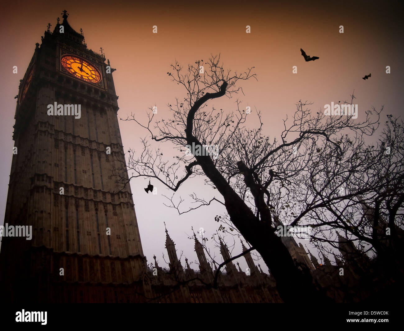 The spooky clock tower of Westminster with a bare tree and flying bats ...