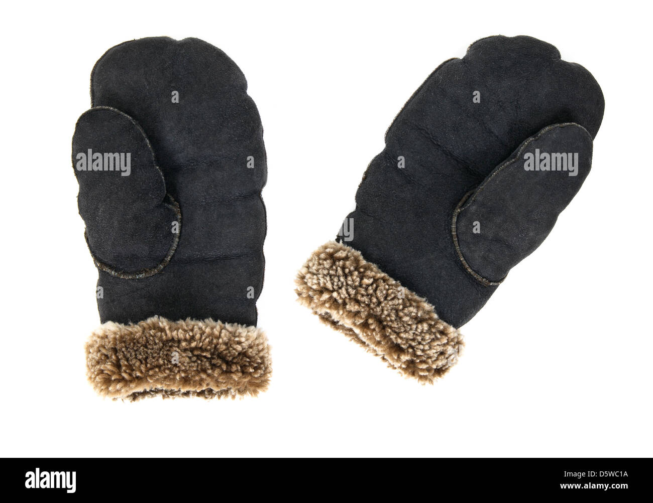 Warm black leather mittens on white background Stock Photo - Alamy