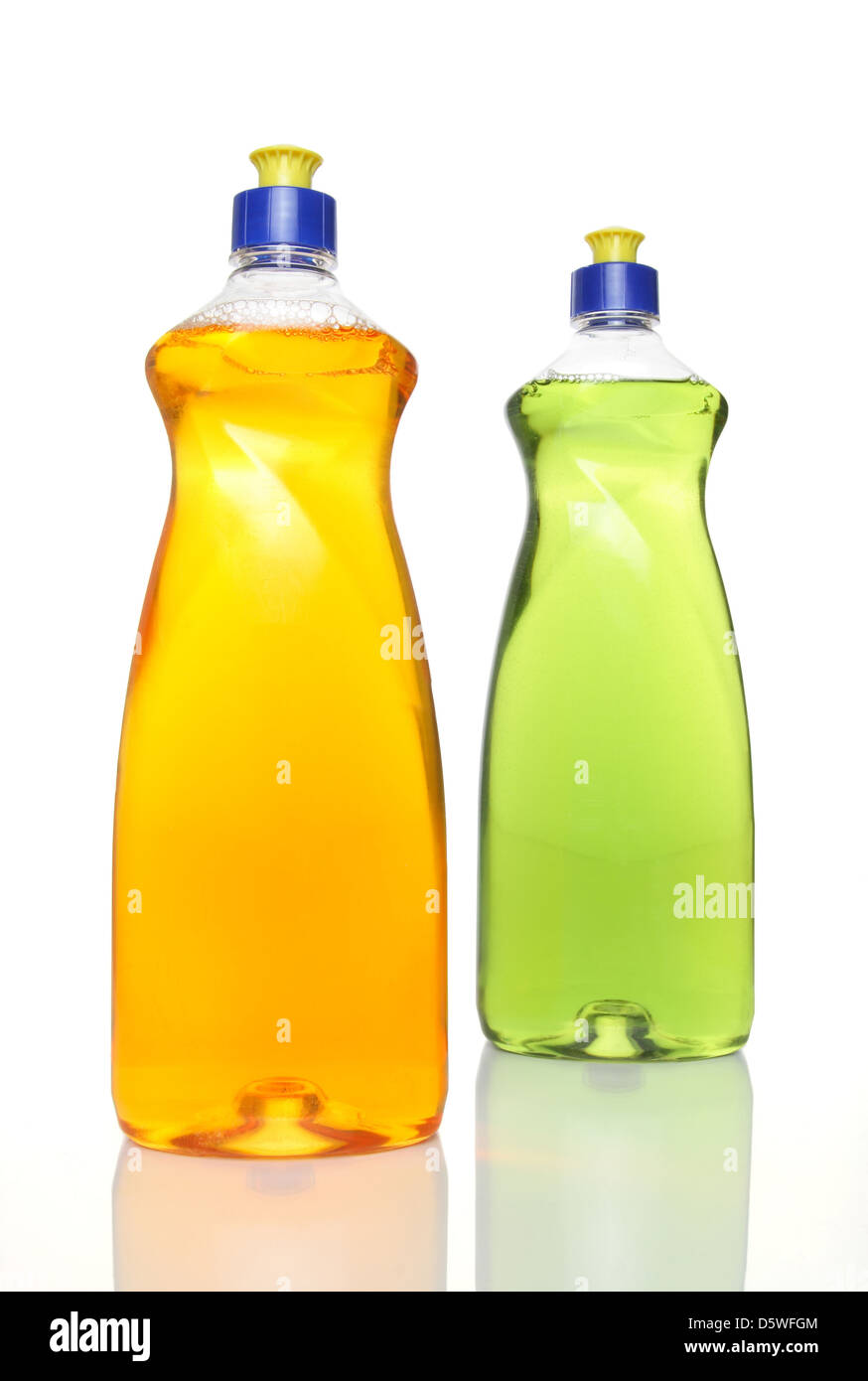 Two colourful bottles of dishwashing liquid on white background Stock ...