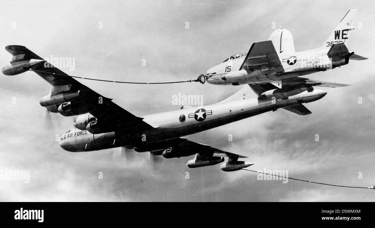 Boeing KB-50J Superfortress refueling a North American FJ-4B Fury of ...