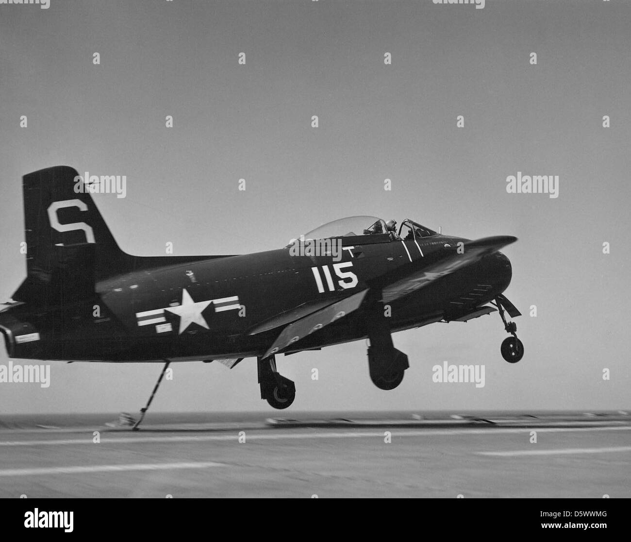 The North American FJ-1 Fury, assigned to VF-5A, lands aboard the USS ...