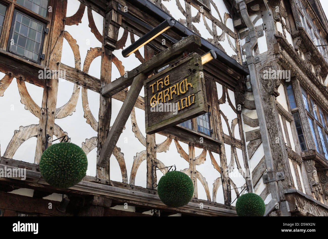 Pub sign for traditional 14th century Garrick Inn black and white ...