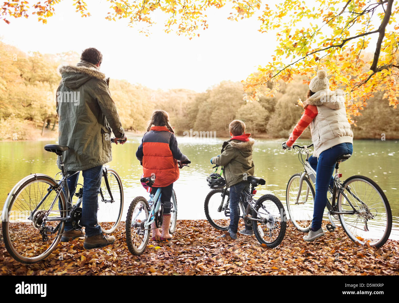 Family sitting on bicycles together in park Stock Photo - Alamy
