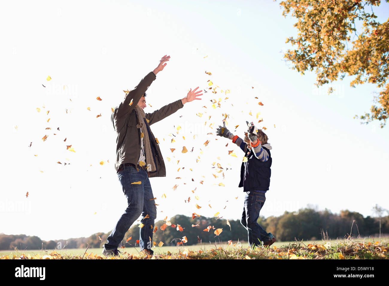 Father and son playing in autumn leaves Stock Photo - Alamy