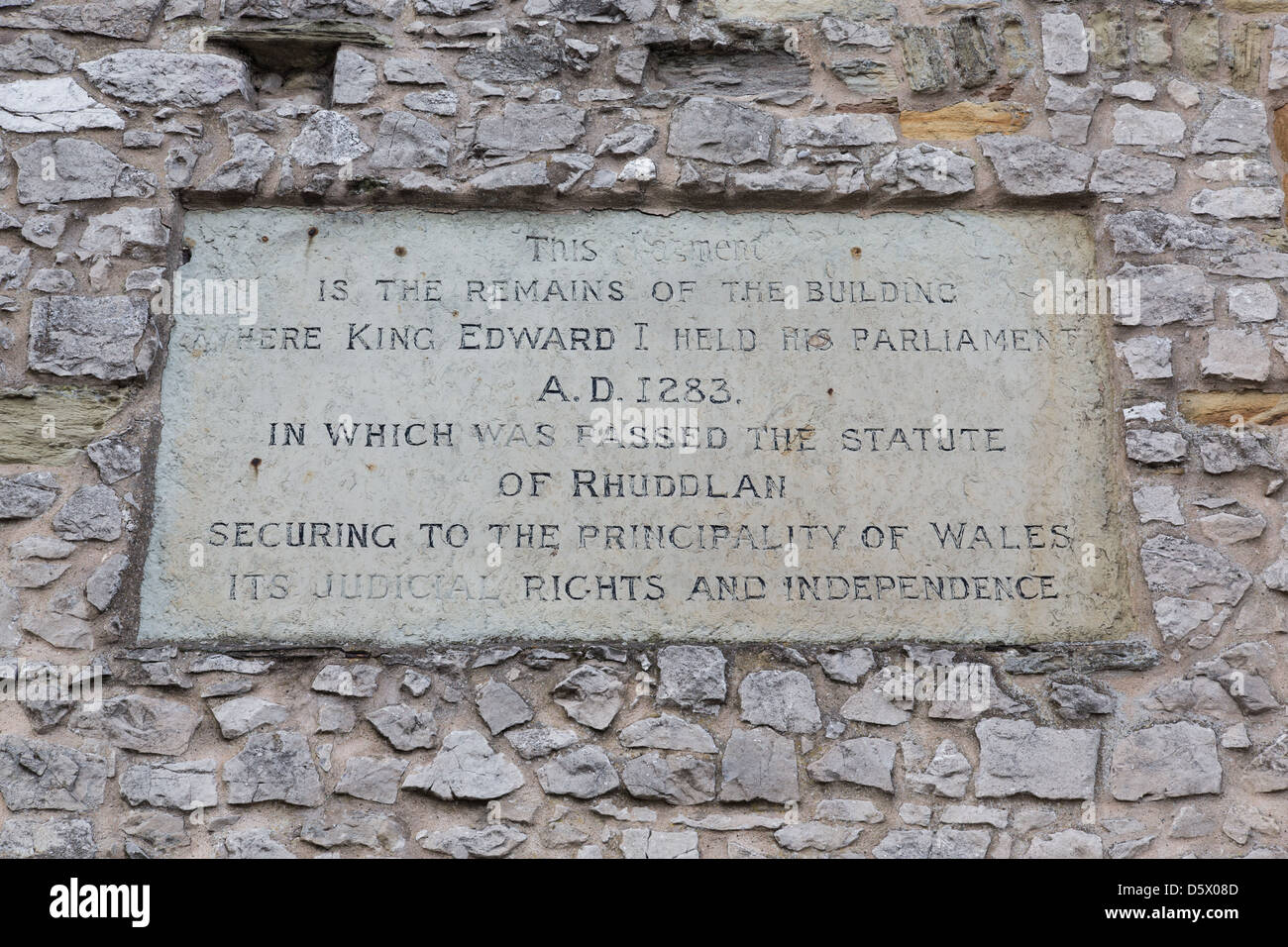Commemorative stone at the remains of the original Rhuddlan Parliament ...