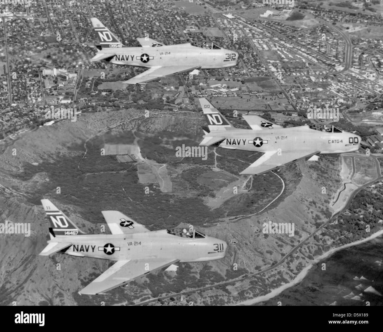 North American FJ-4B Furys of VA-214 fly over Diamond Head, Hawaii ...