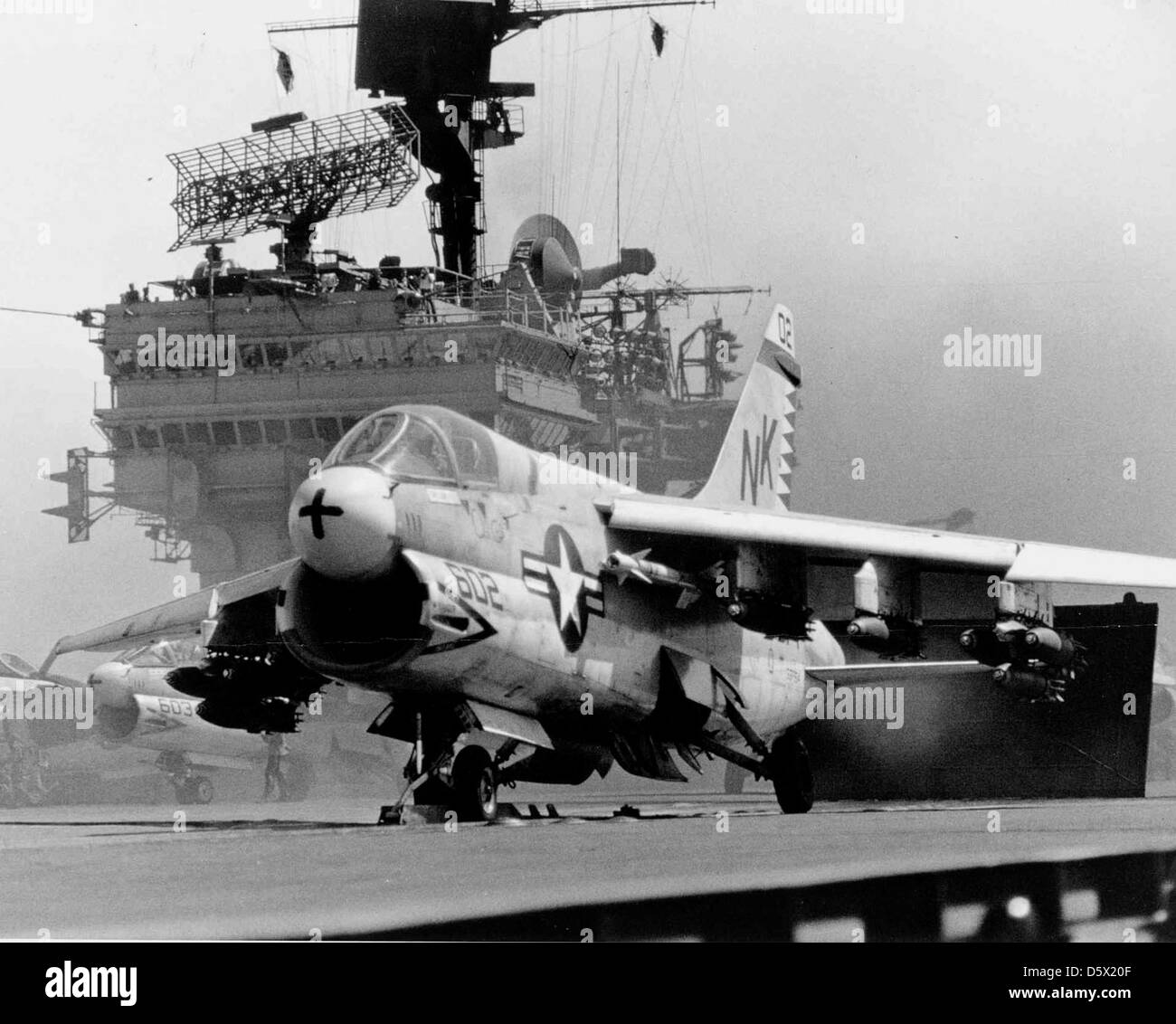 A LTV A-7A "Corsair II" of Attack Squadron (VA) 27 prepares to be ...