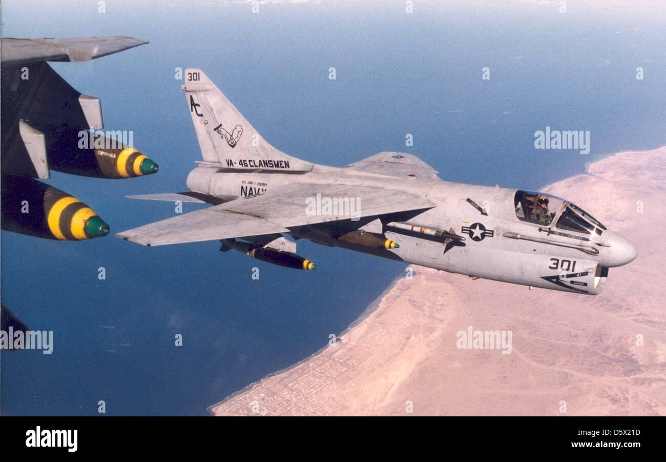 An LTV A-7E Corsair II of Light Attack Squadron 46 (VA-46) Clansmen is ...