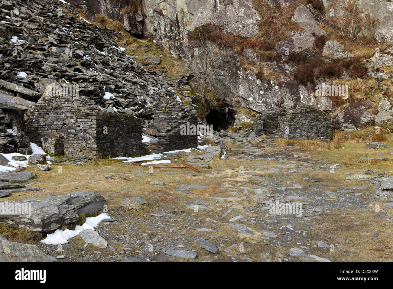 A disused village at the head of a slate mine in Snowdonia National ...