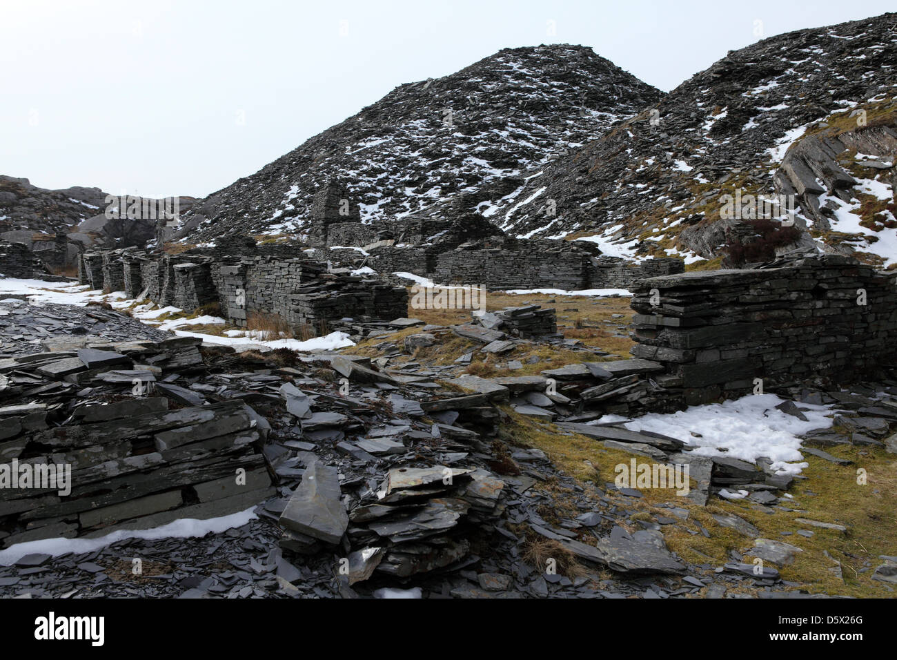 A disused village at the head of a slate mine in Snowdonia National ...