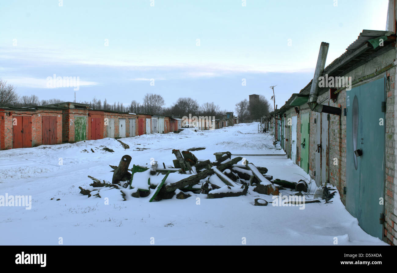 brick garage Russian winter evening Stock Photo - Alamy