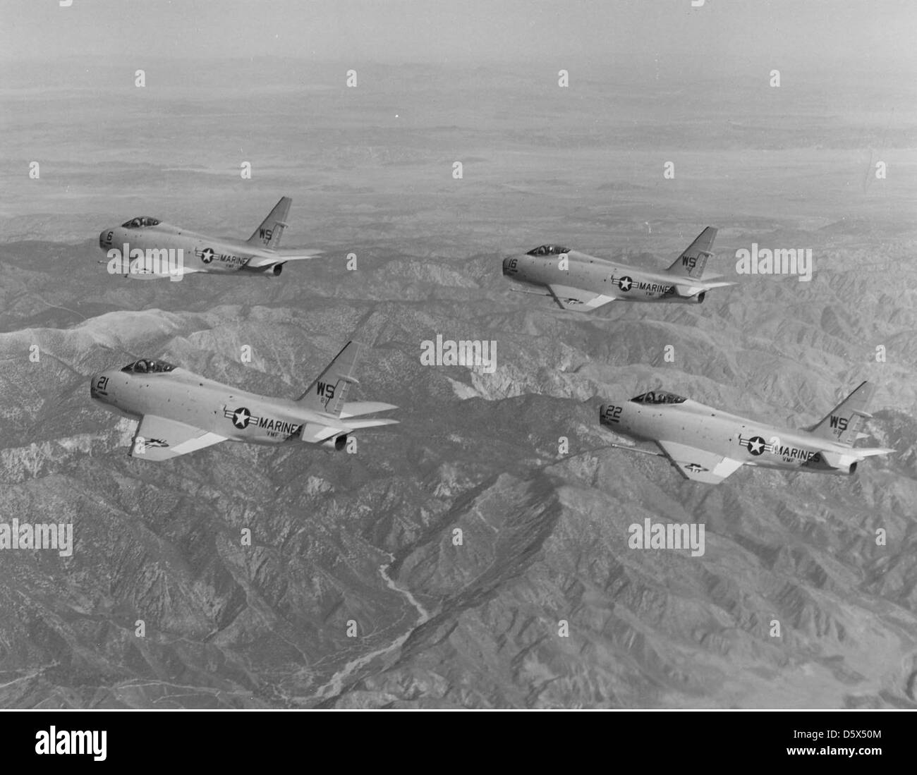 North American FJ-4 (F-1E) "Furys" of USMC VMF-323 over Southern ...