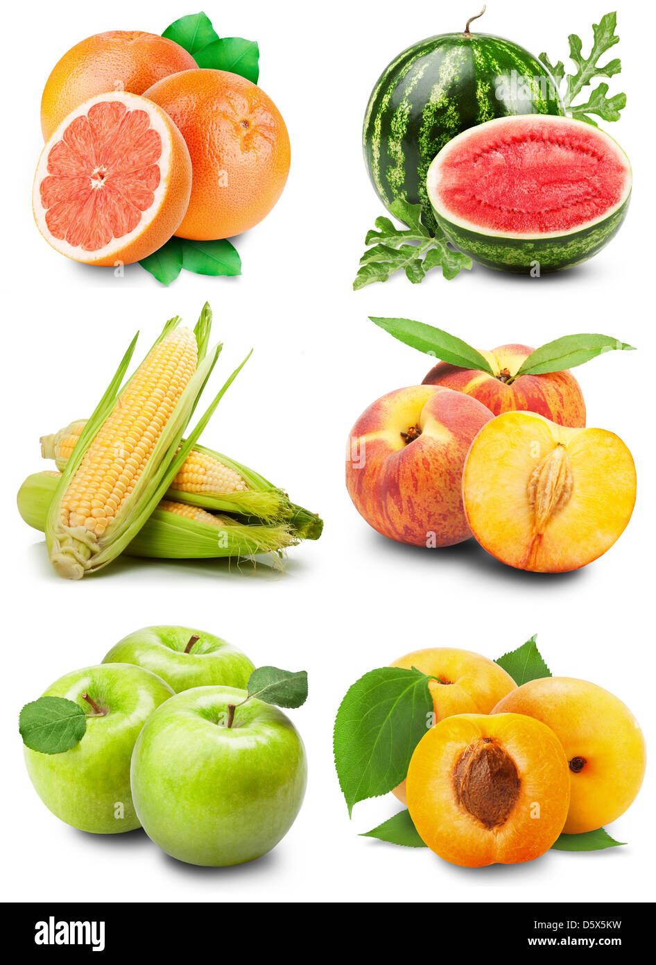 collection of fresh fruits with leaves on a white background Stock ...