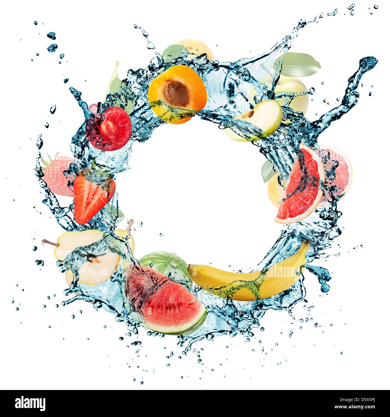 Fresh fruits falling in water splash, isolated on white background ...