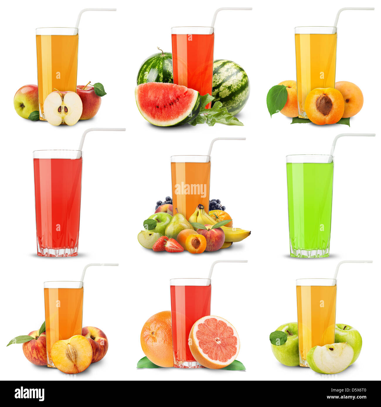Collection of fresh juice with fruits on a white background Stock Photo ...