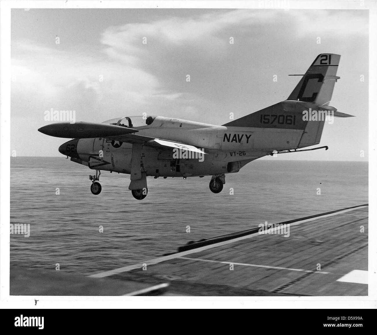A North American T-2C Buckeye, a twin-engine jet trainer, launches from ...