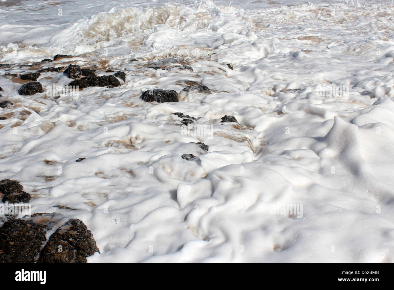 Splashing, foaming white backwash from the Indian Ocean waves breaking ...