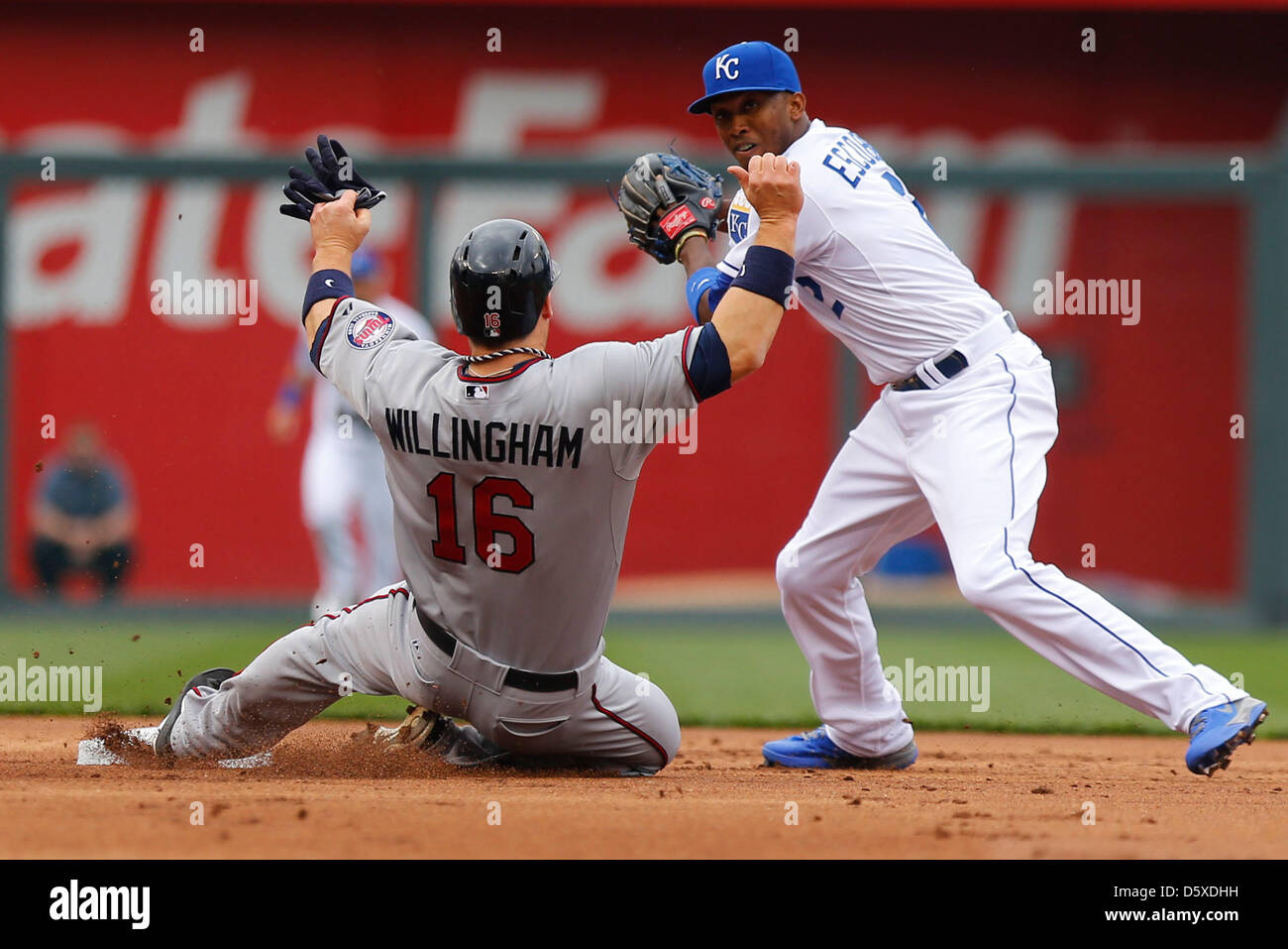 Kansas City, USA. 8th April 2013. After tagging out Josh Willingham #16 ...