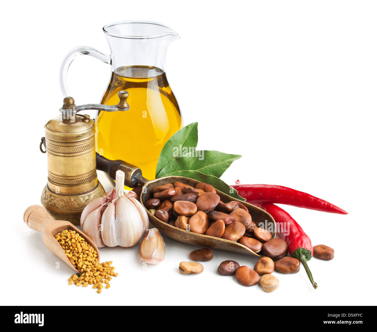 Still life with ingredients for preparing beans isolated on white Stock ...