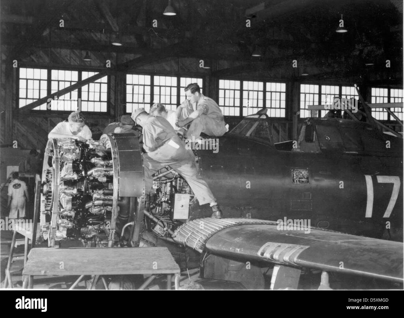 A Republic P-47B Thunderbolt is seen inside a U.S. Army Air Forces ...