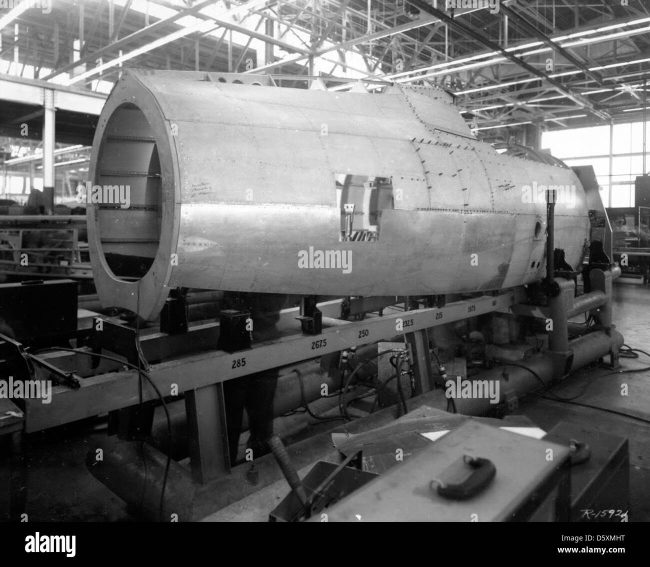 The fuselage assembly of the Republic P-47B Thunderbolt is shown, a ...