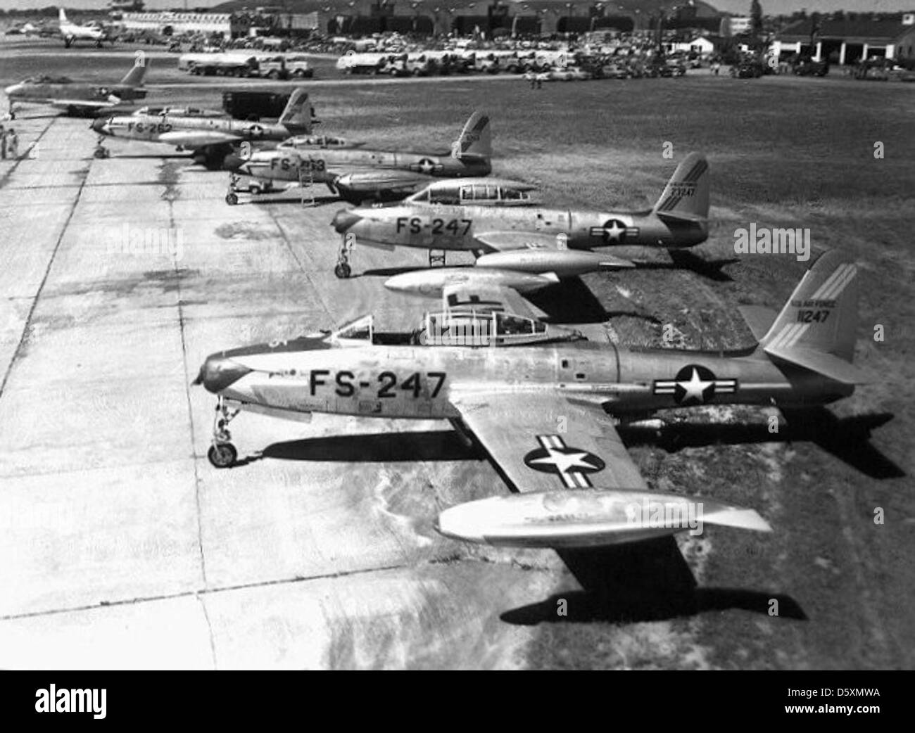 The Republic F-84G-20-RE Thunderjet, a jet fighter-bomber, is shown ...