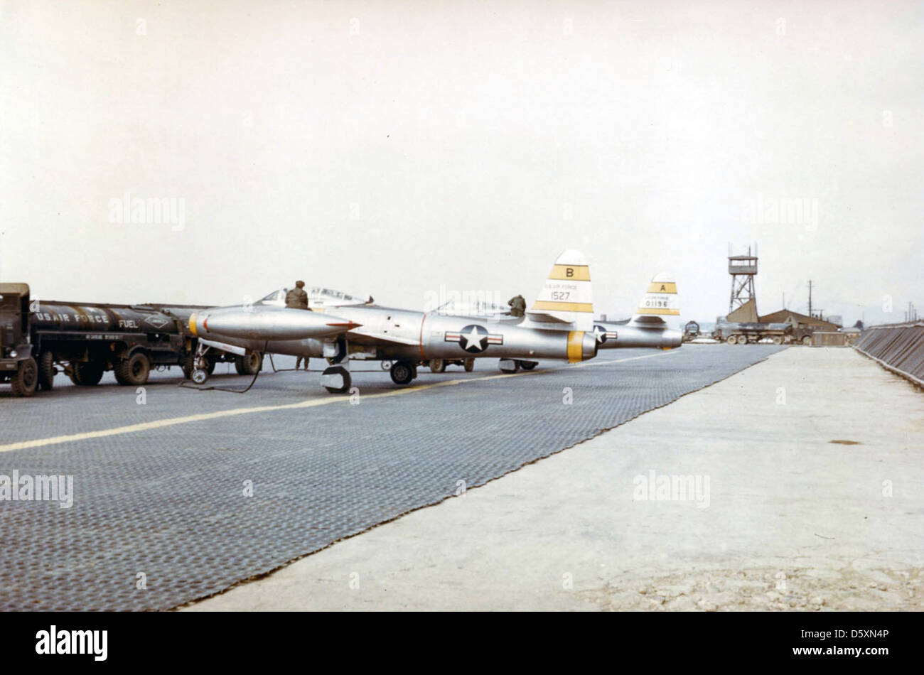 A Republic F-84D Thunderjet, designated F-84E-25-RE, is shown being ...