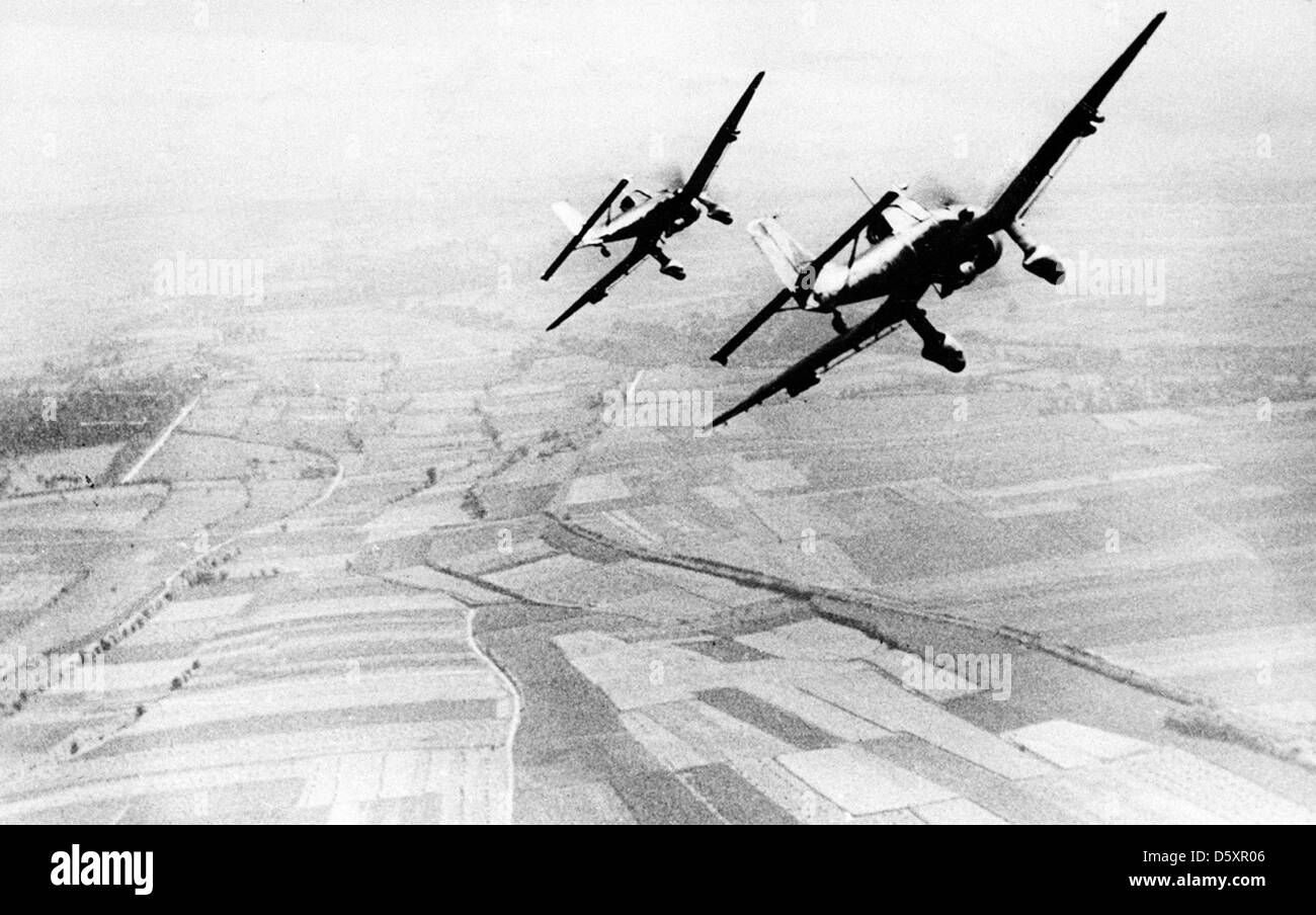 Two German Luftwaffe Ju 87 "Stuka" dive bombers return from an attack ...