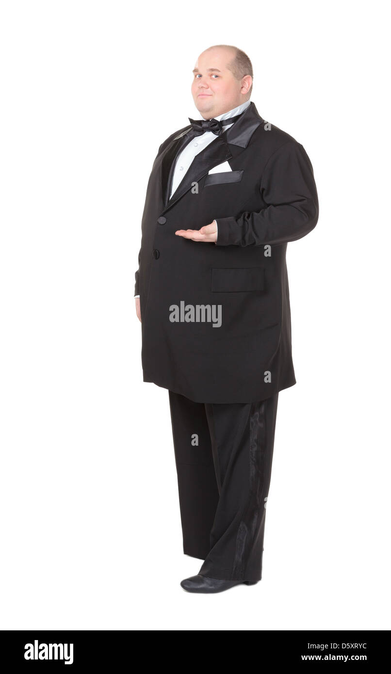 Elegant fat man in a bow tie pointing Stock Photo - Alamy
