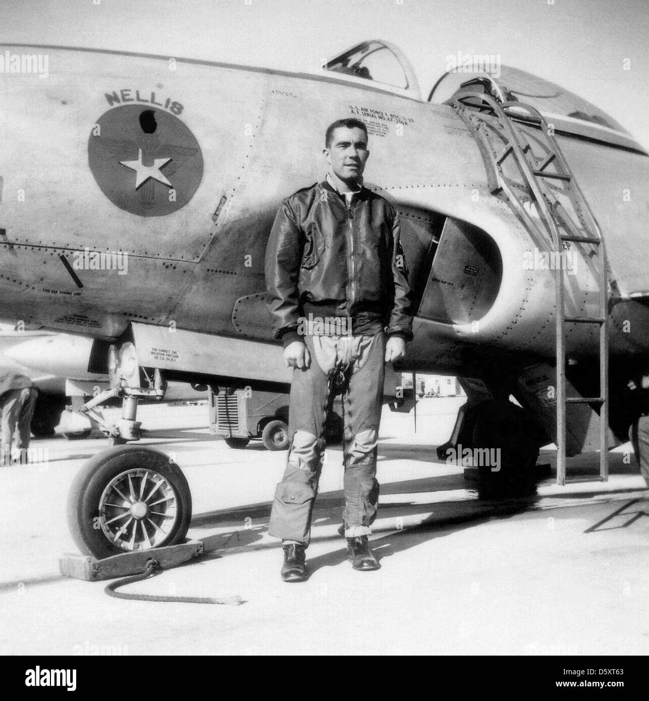 2nd Lt. Jim Escalle with a Lockheed F-80C "Shooting Star" at Nellis AFB ...