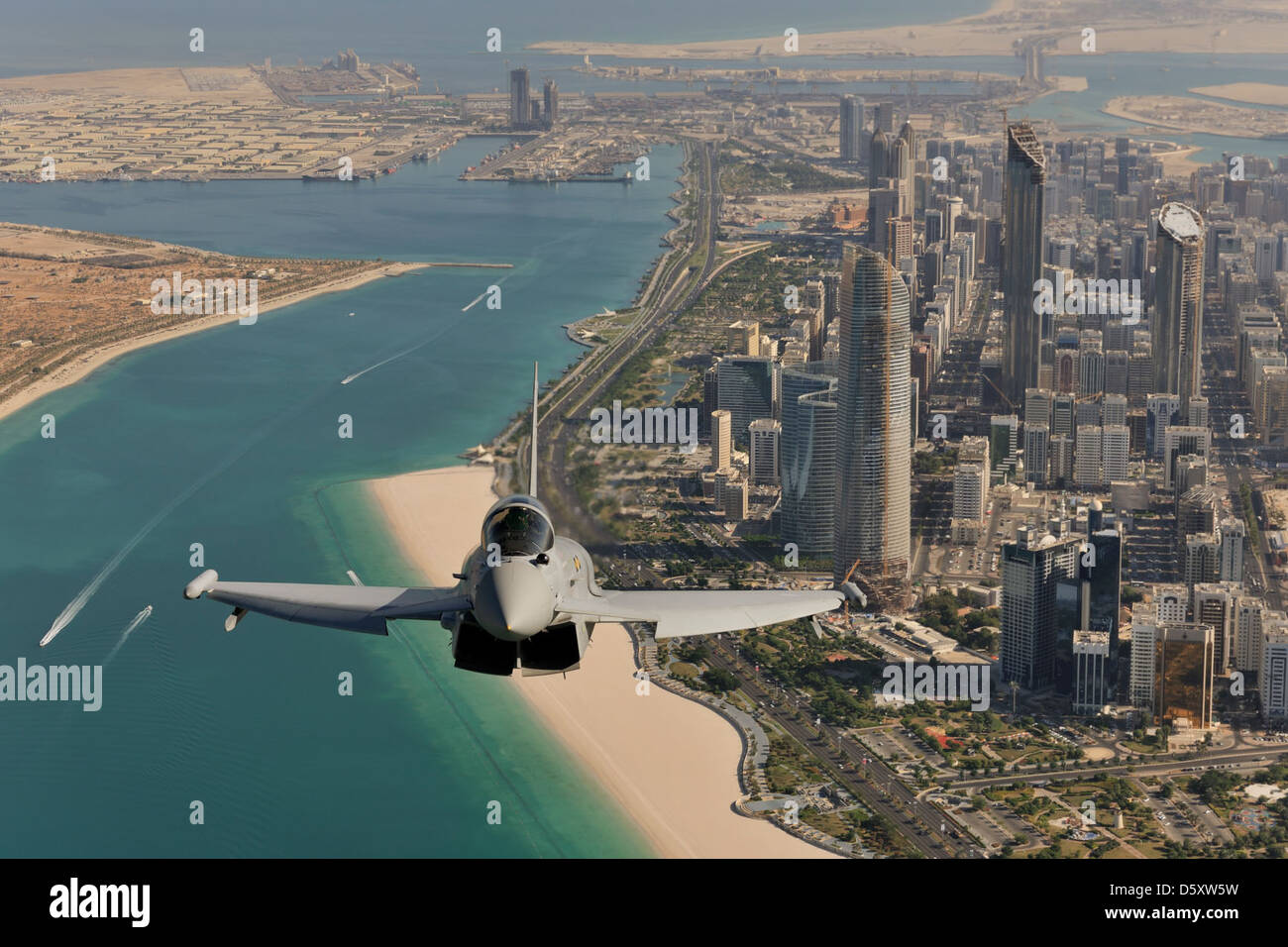 A Eurofighter Typhoon FGR.4 flying over Abu Dhabi, UAE. The Typhoon is ...