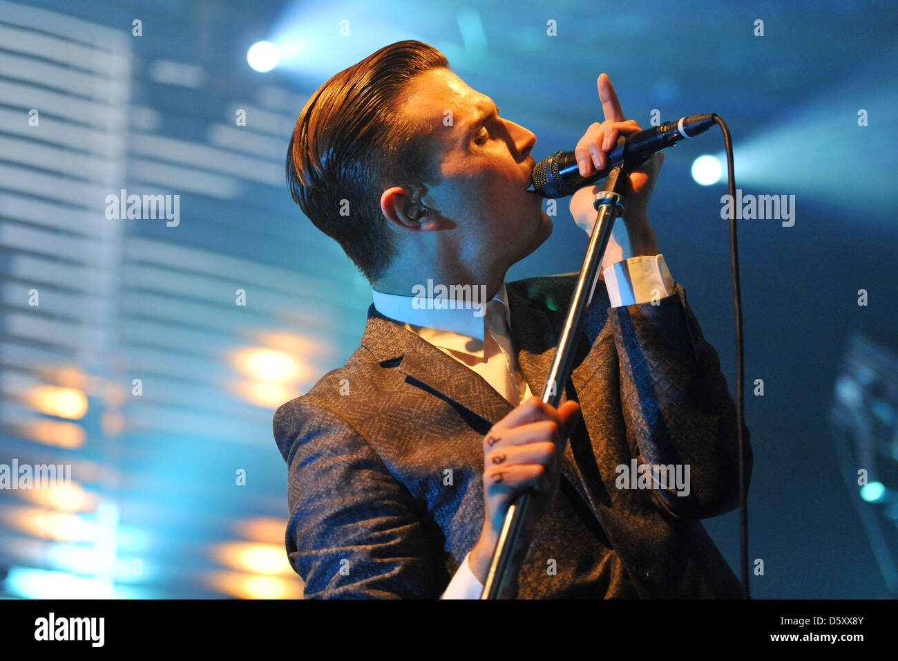 The Hurts, Lead singer Theo Hutchcraft performs at Alten Schlachthof in ...