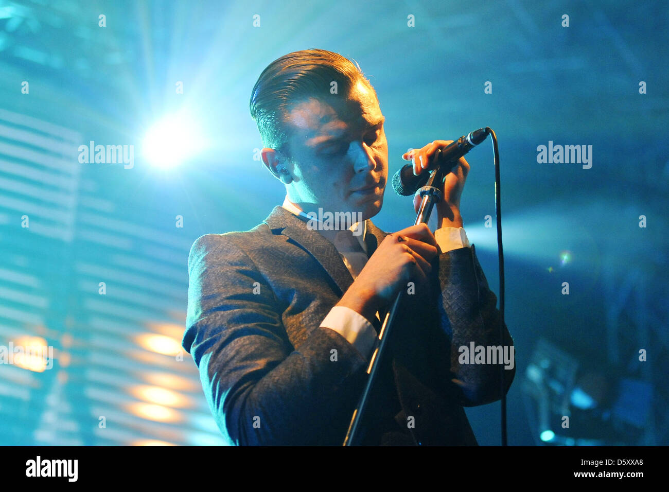The Hurts, Lead singer Theo Hutchcraft performs at Alten Schlachthof in ...