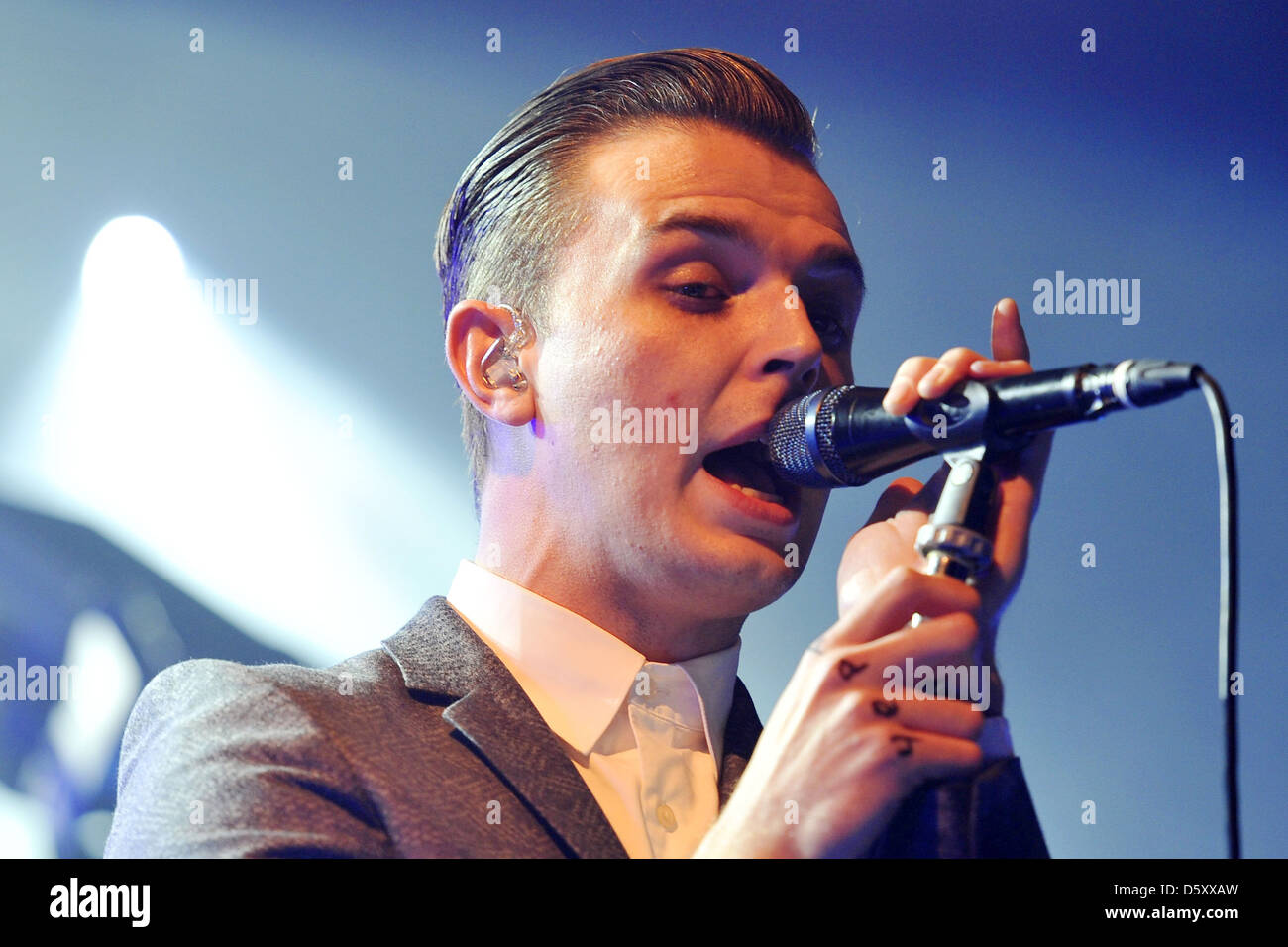 The Hurts, Lead singer Theo Hutchcraft performs at Alten Schlachthof in ...