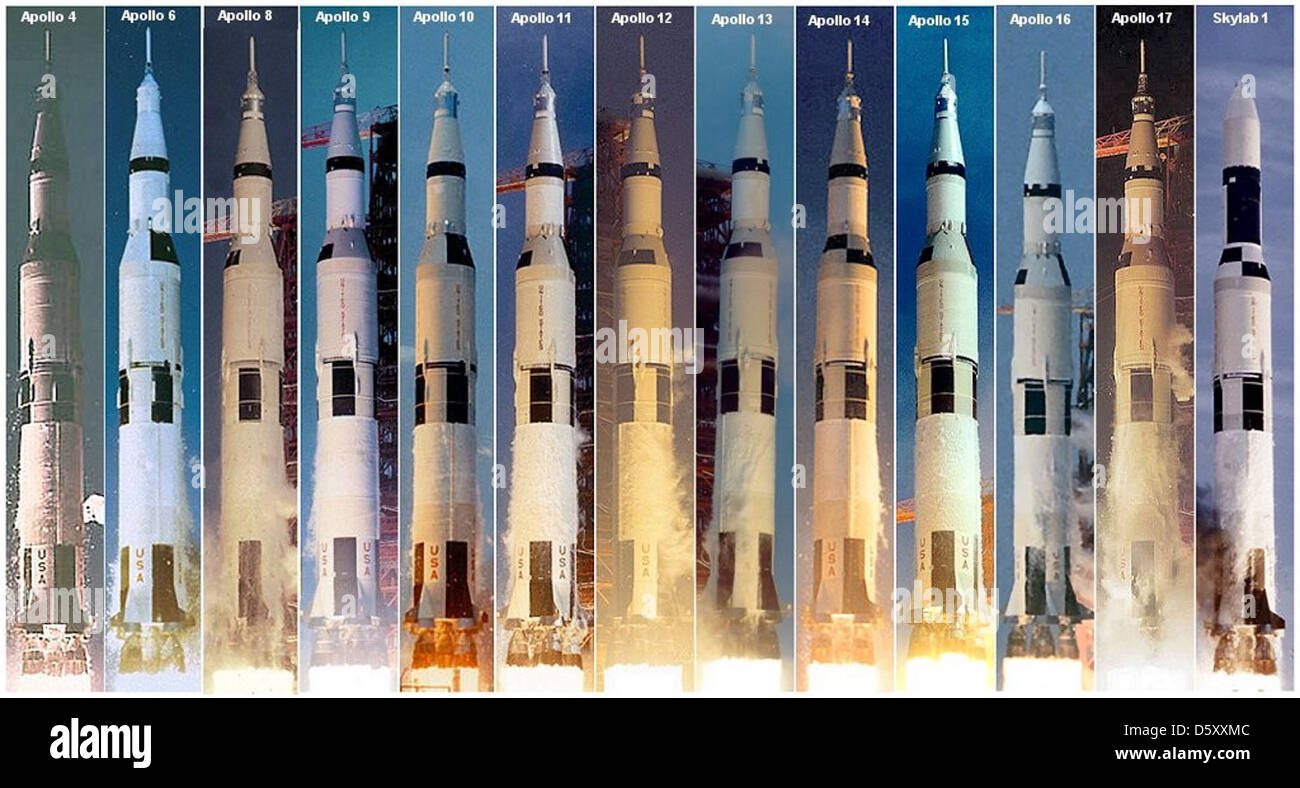 A montage showcasing the launches of the Saturn V rocket, the most ...