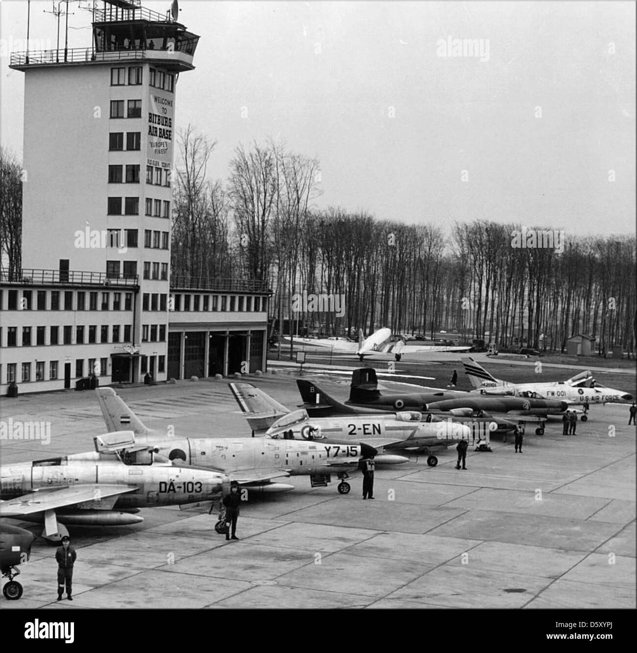 NATO aircraft in front of the tower of Bitburg Air Base, Rheinland ...