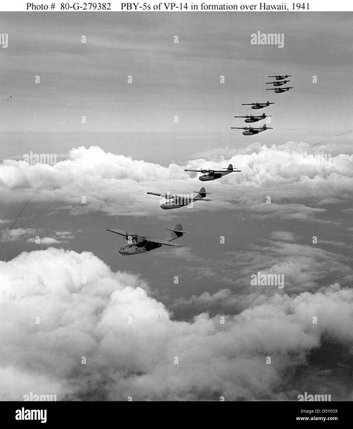 Nine U.S. Navy Consolidated PBY-5 Catalina patrol bombers are shown ...