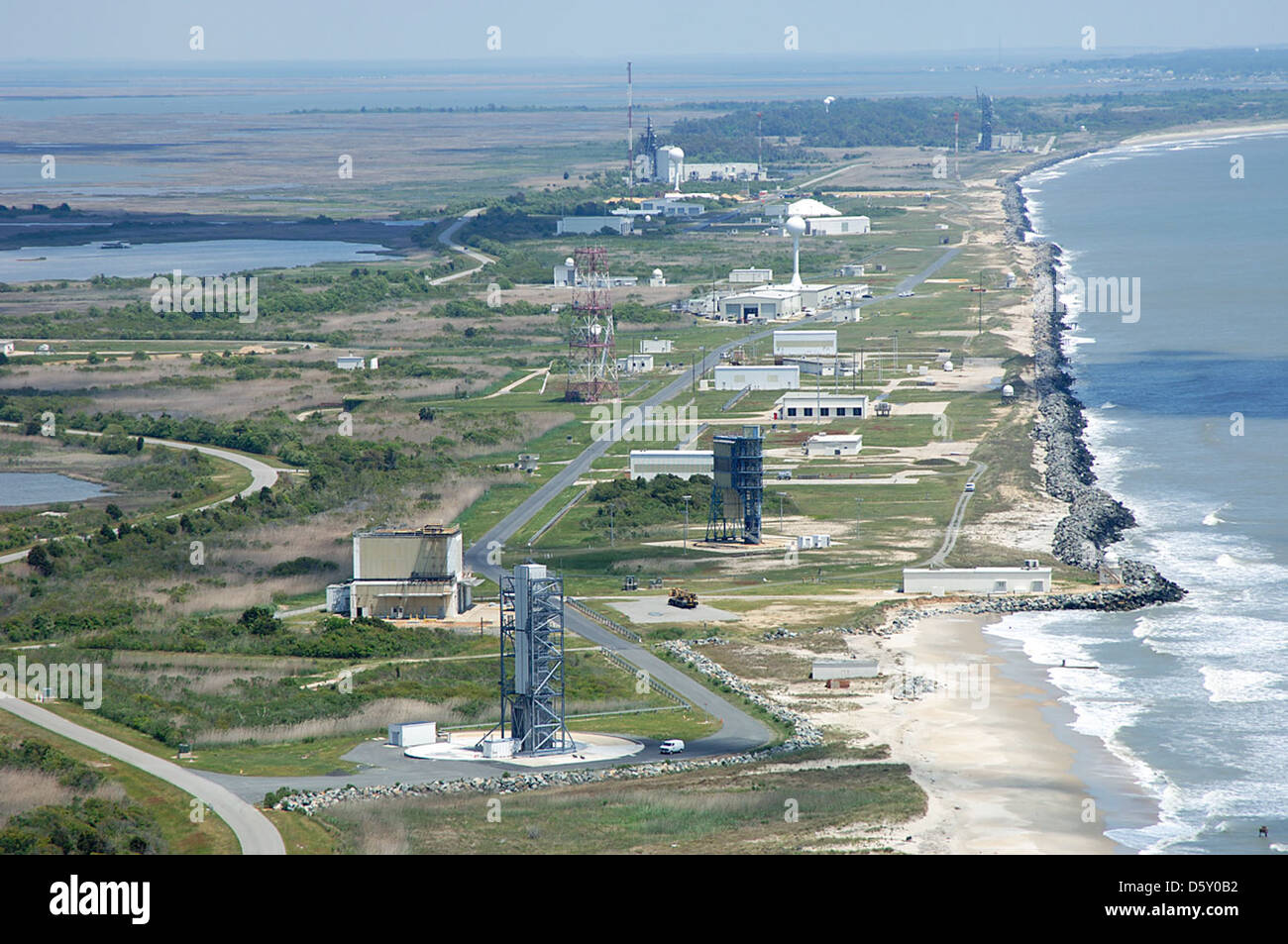 An aerial view of Wallops Island, Virginia, showing the launch pads of ...