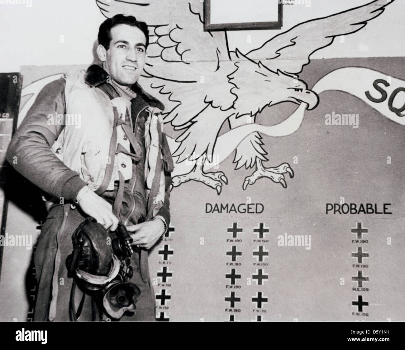 Captain Don Gentile stands by his squadrons scoreboard tallying kills ...