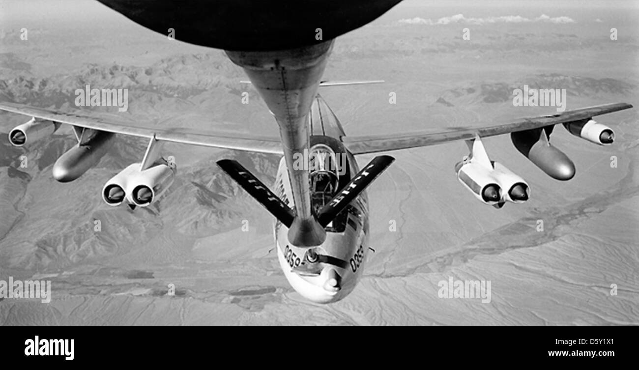 The Boeing B-47 'Stratojet' is seen during a refueling operation. This ...