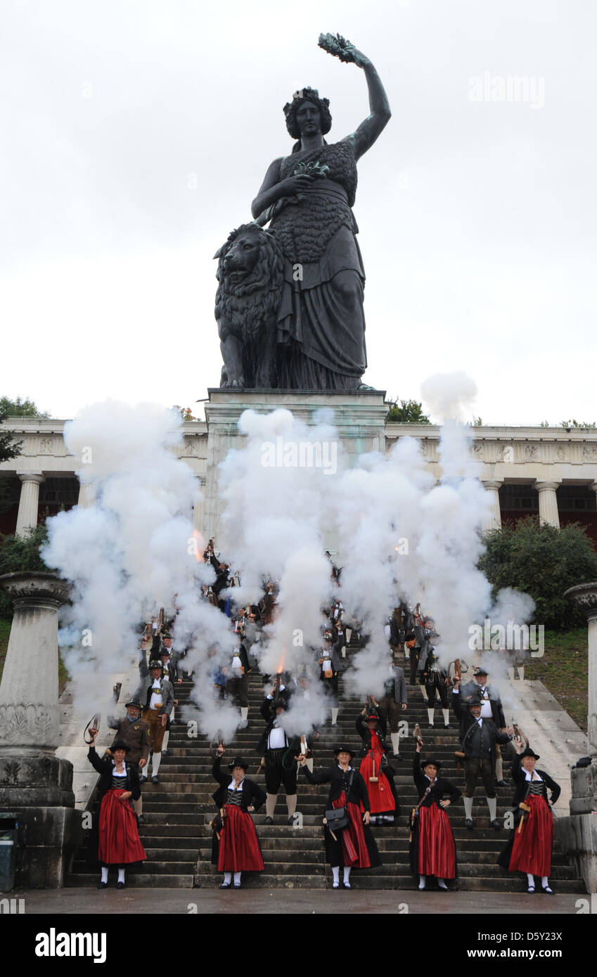 Boeller gun shooters fire a salute on the steps of the Bavaria monument ...