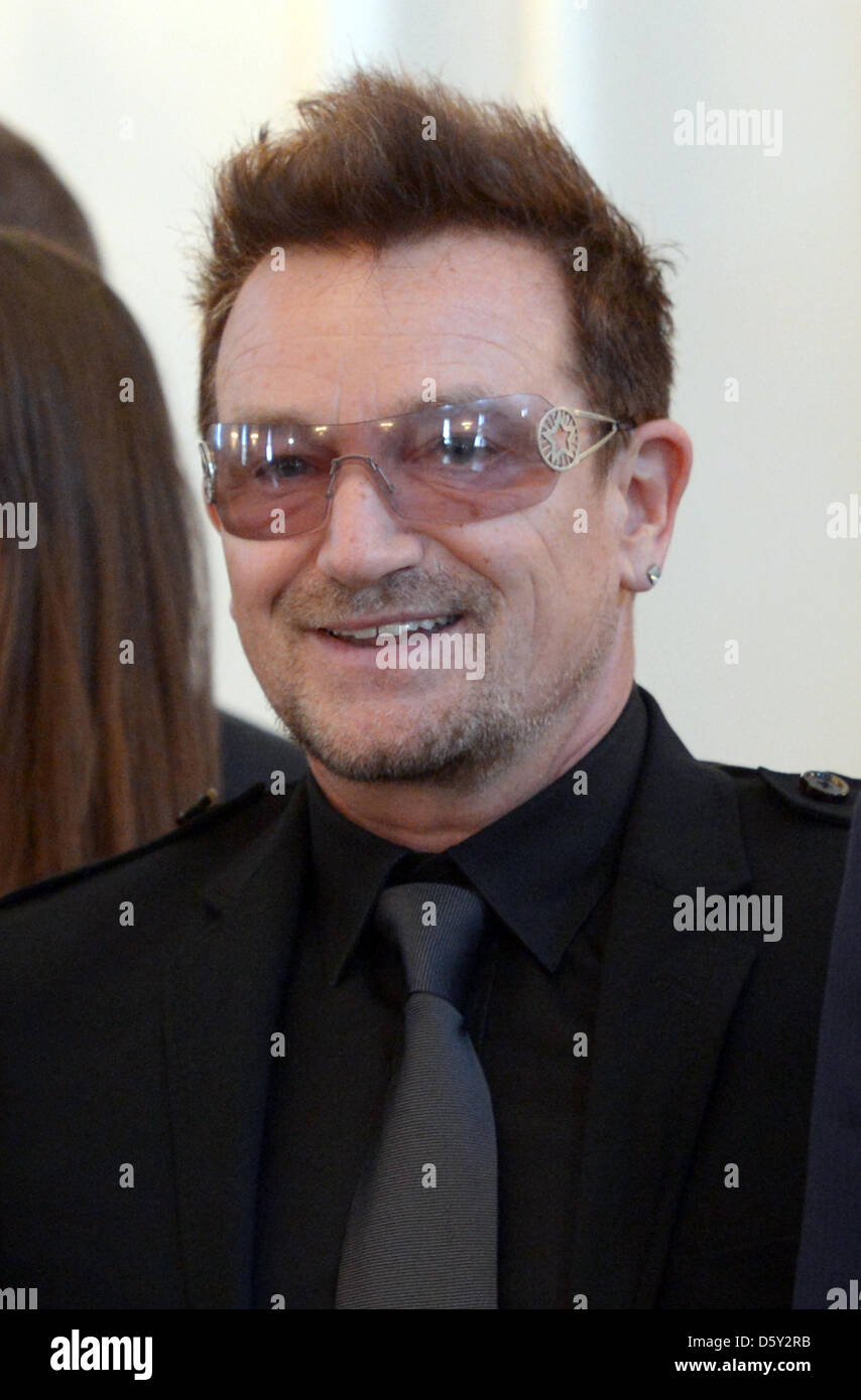 Co-founder of 'One' and singer Bono smiles at Bellevue Palace in Berlin ...