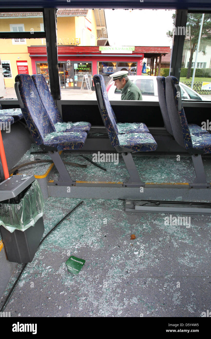 A school bus with destroyed windows is visible in Marktoberdorf ...