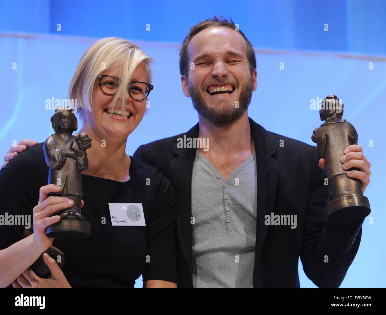 Writer Finn-Ole Heinrich Icelandic illustrator Ran Flygenrig pose with ...