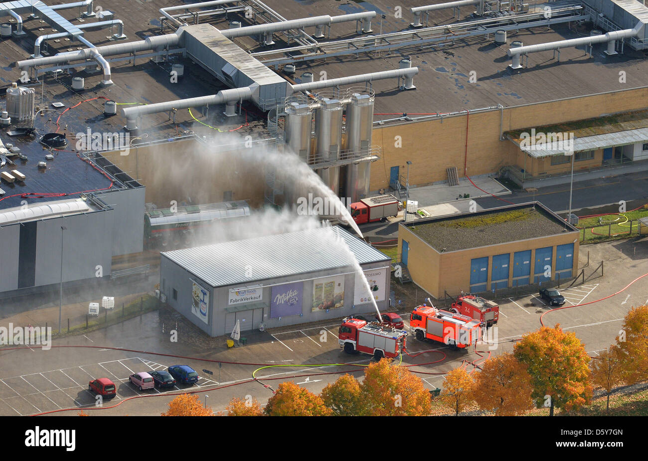The aerial shows fire trucks standing on the premises of a Kraft Foods ...