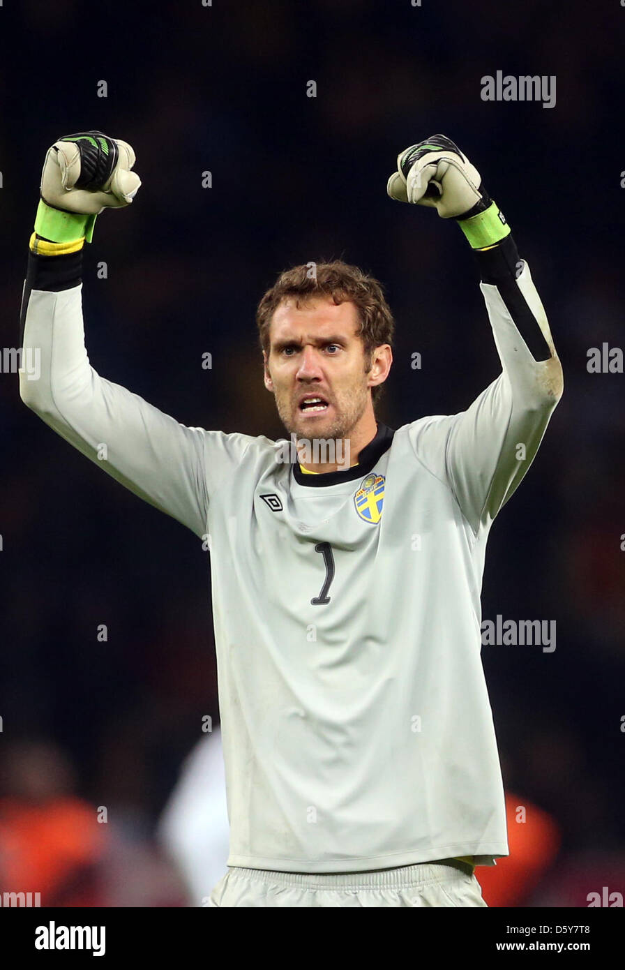 Sweden's Andreas Isaksson celebrates after scoring 4-4 during the FIFA ...