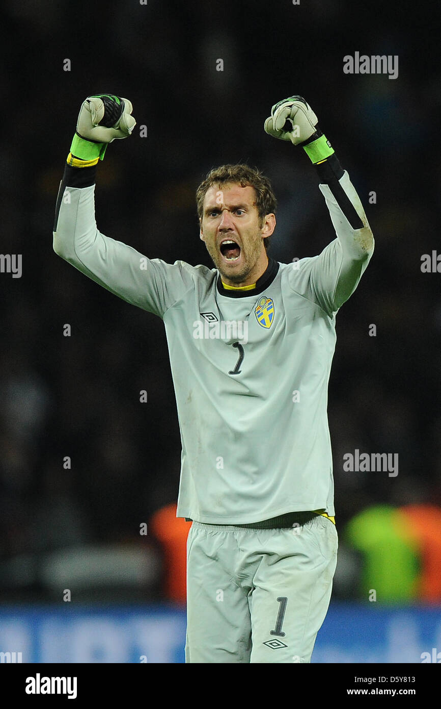 Sweden's goalkeeper Andreas Isaksson celebrates the 4-4 after the FIFA ...