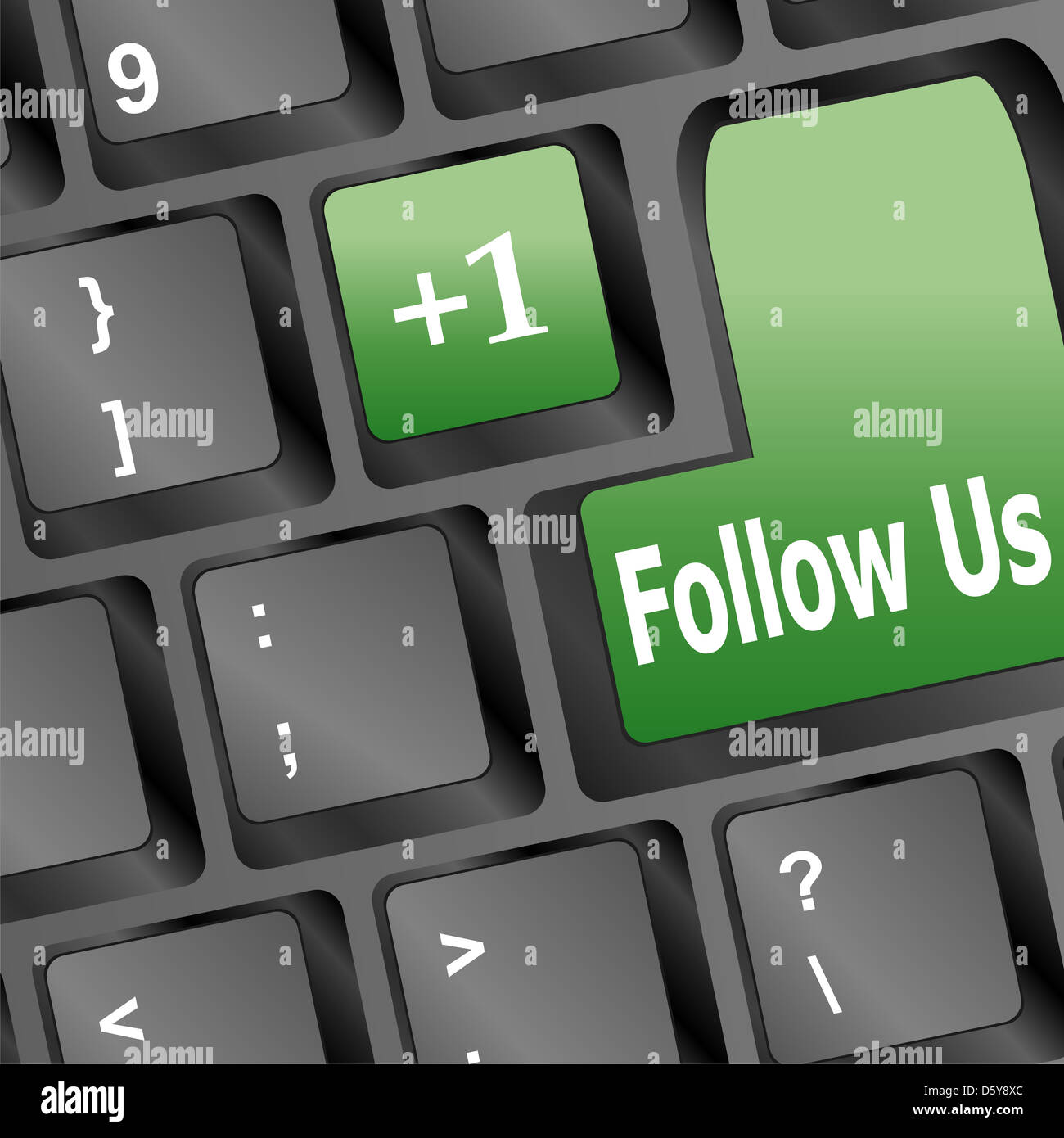 Keyboard with green follow us button Stock Photo - Alamy